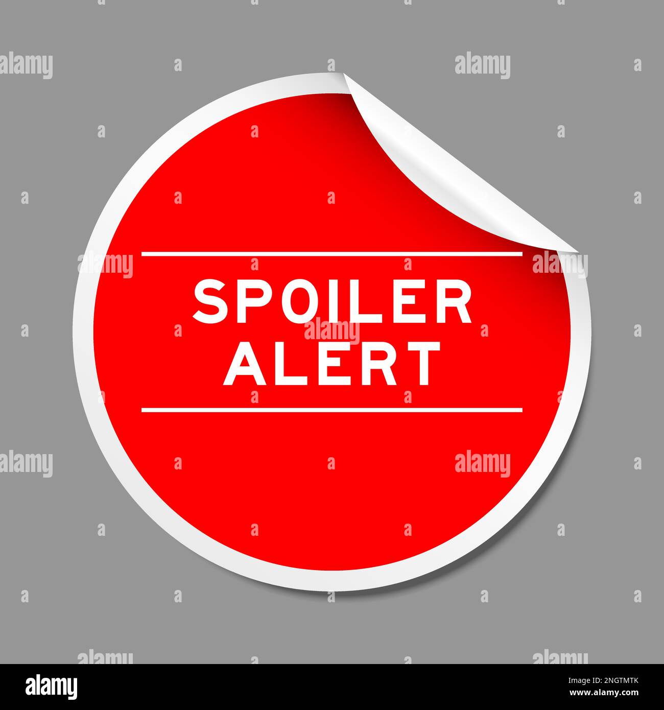 Red color peel sticker label with word spoiler alert on gray background ...