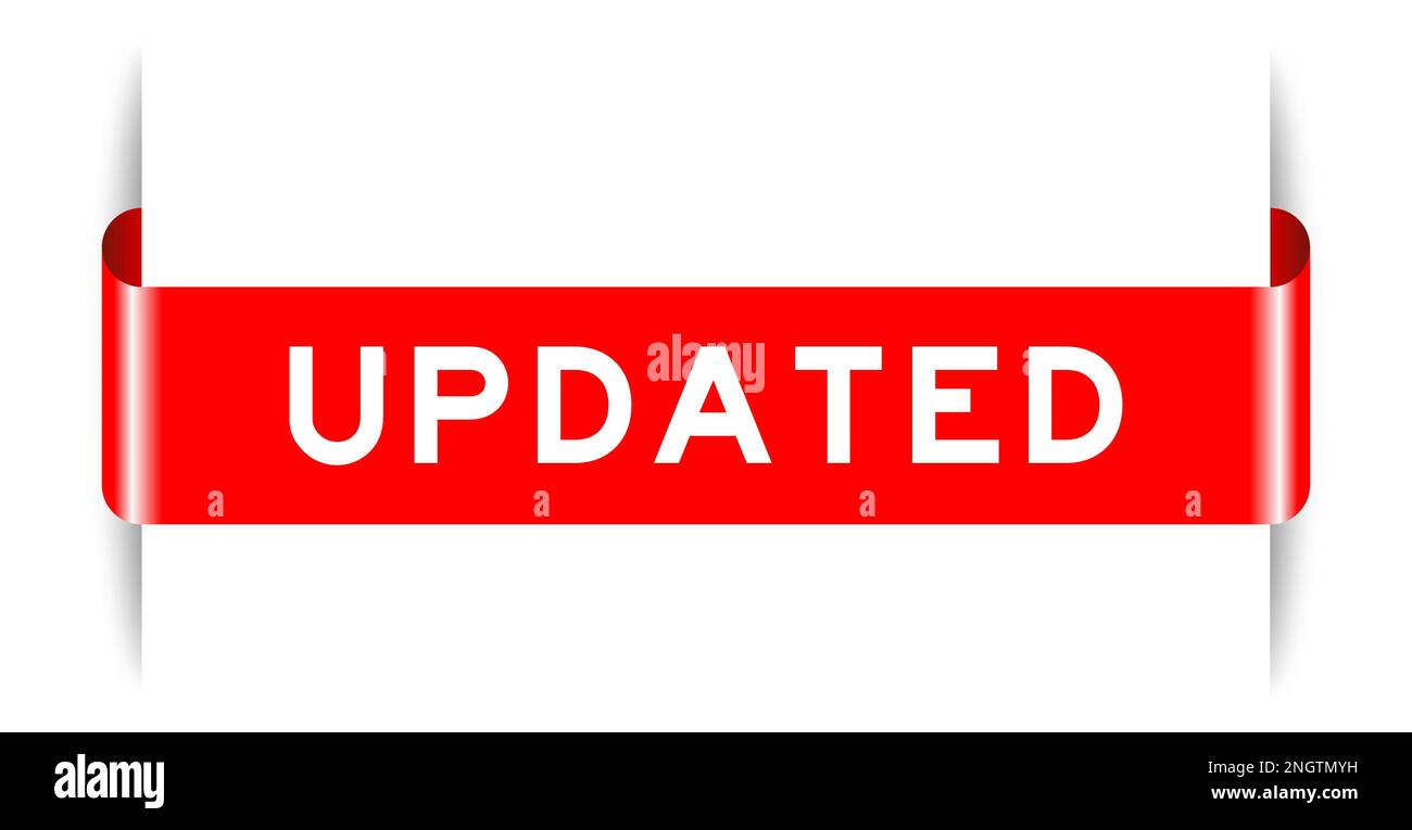 Red color inserted label banner with word updated on white background ...