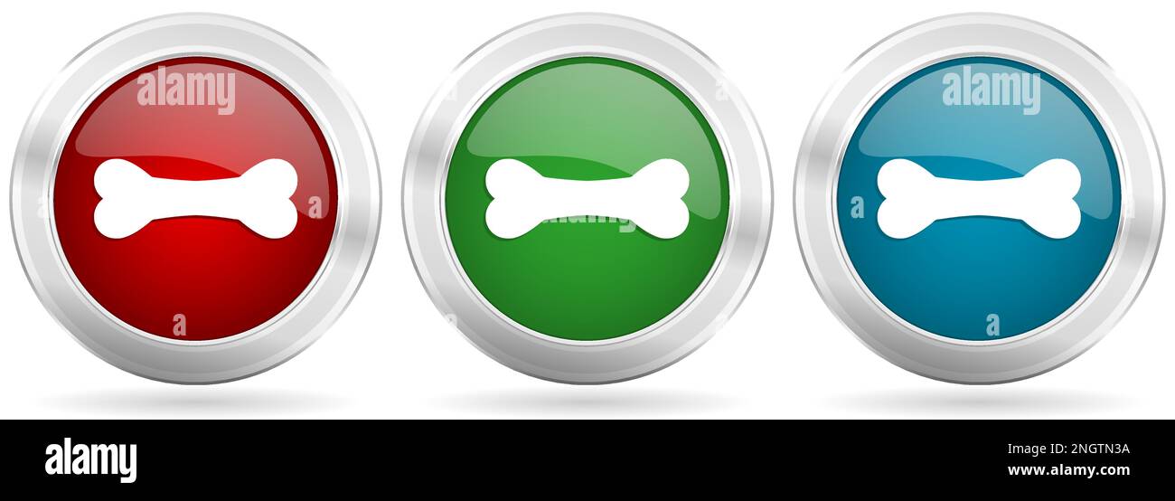 Bone, dog and animal food vector icon set. Red, blue and green silver ...
