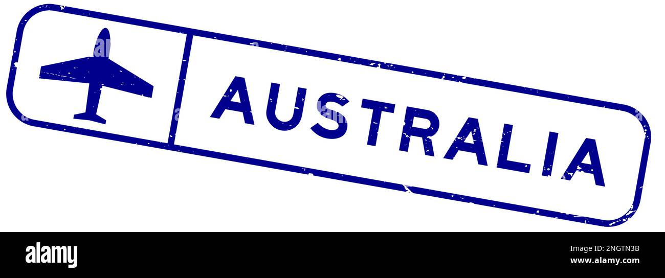 Grunge blue australia word with plane icon square rubber seal stamp on ...