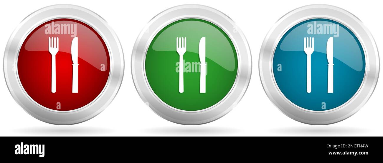 Eat vector icon set. Red, blue and green silver metallic web buttons ...