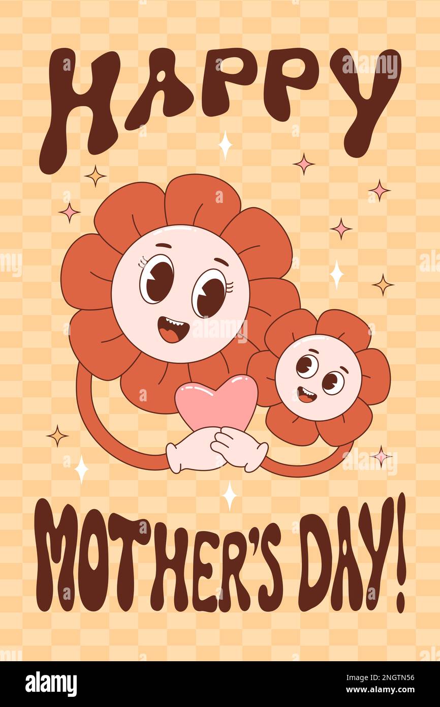 Happy Daisy flowers Power. Groovy Retro character flower mom with baby ...