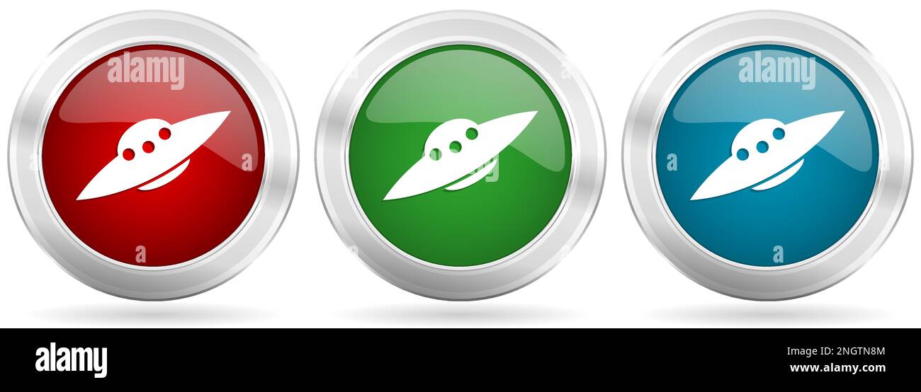 Ufo, alien spaceship vector icon set. Red, blue and green silver ...