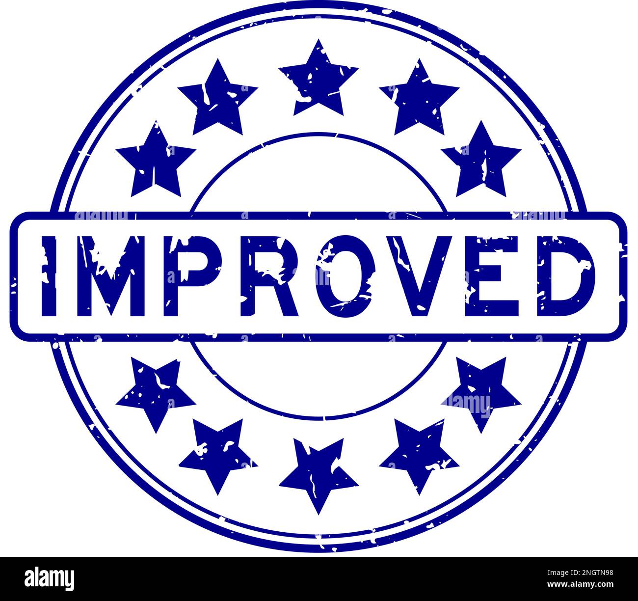 Grunge blue improved word with star icon round rubber seal stamp on ...