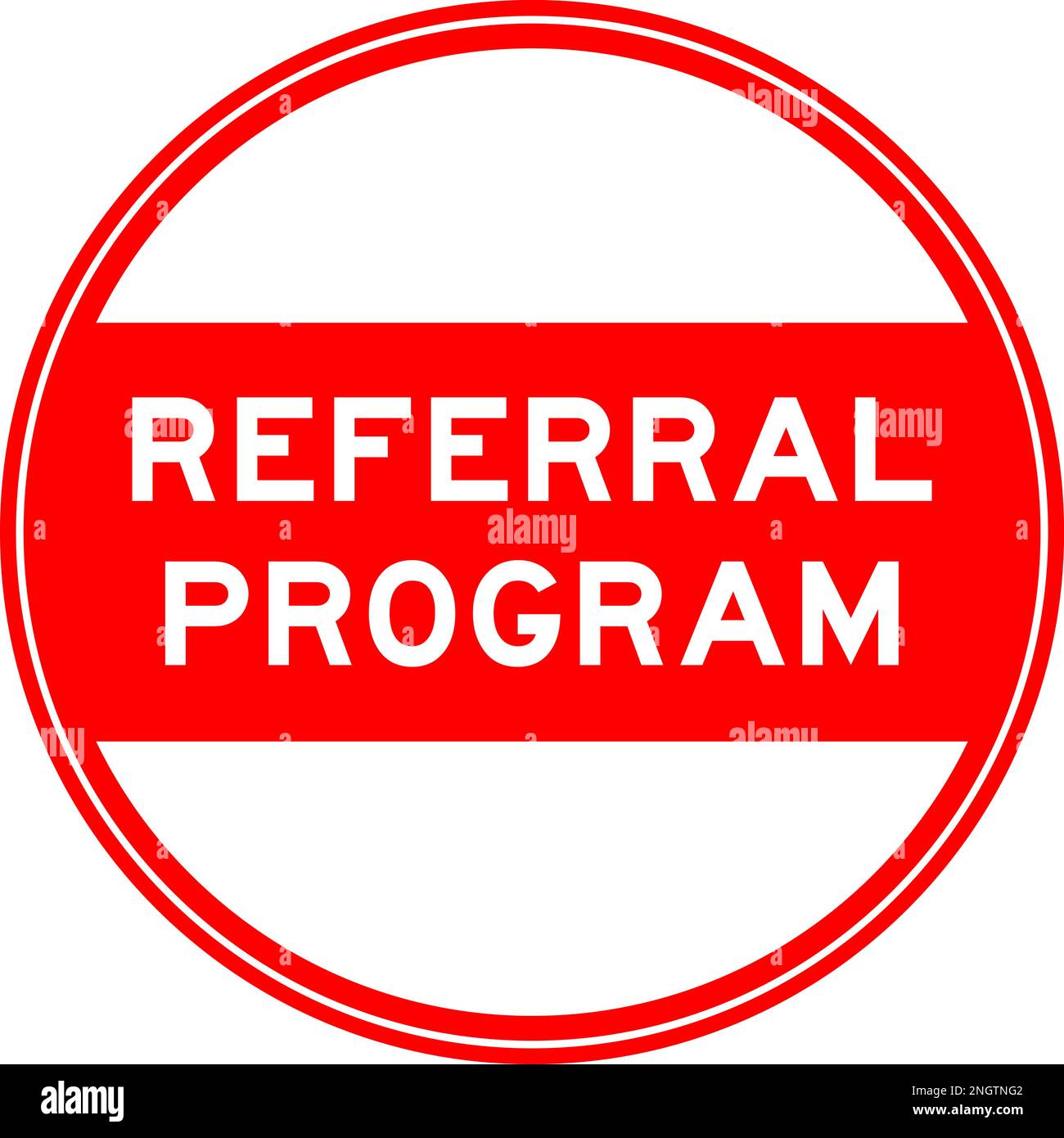Red color round seal sticker in word referral program on white ...
