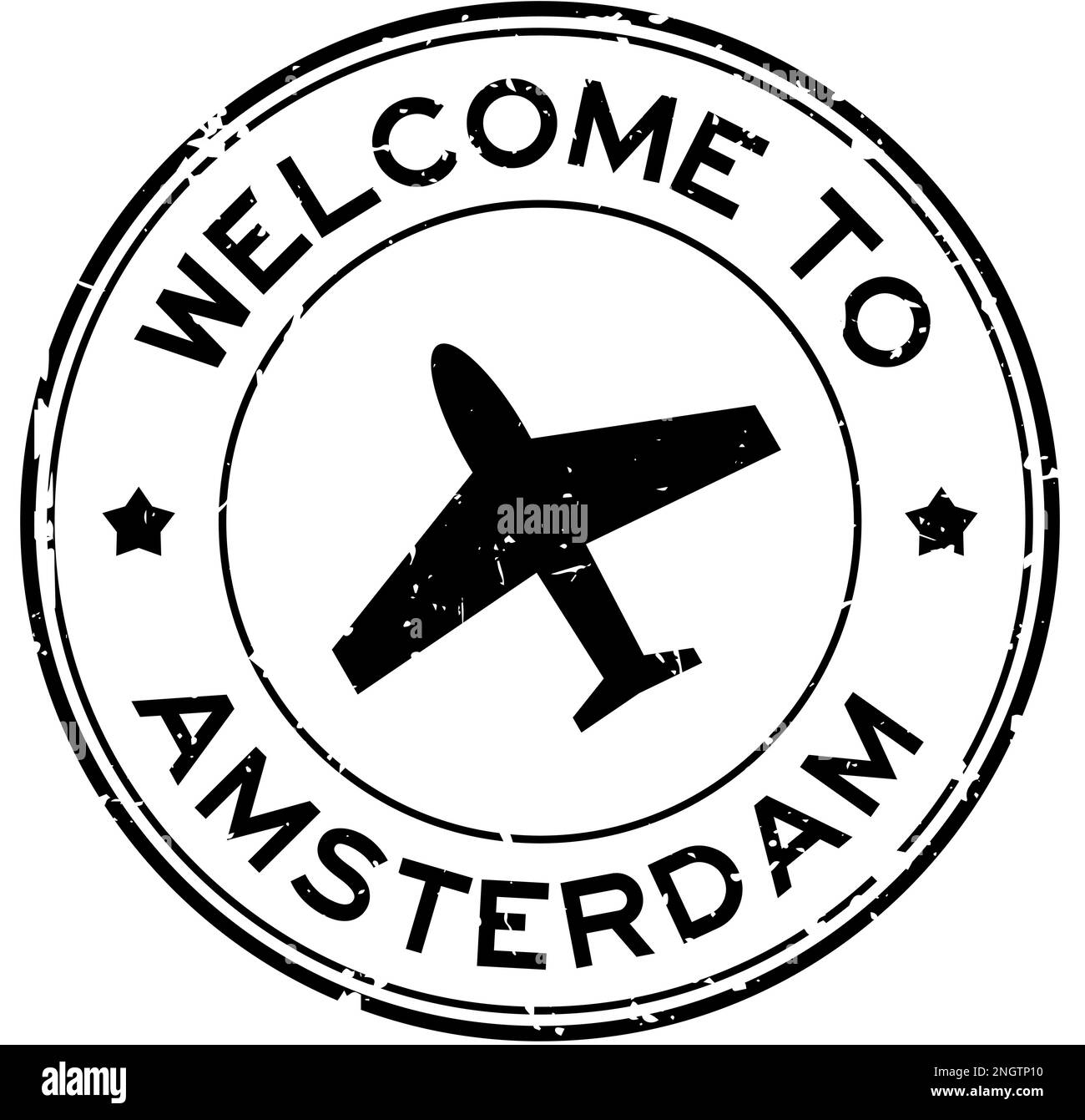 Grunge black welcome to amsterdam with airplane icon round rubber seal ...