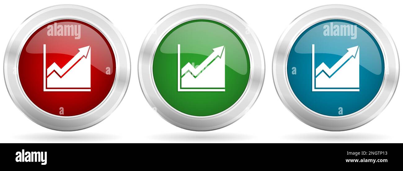 Histogram vector icon set. Red, blue and green silver metallic web ...