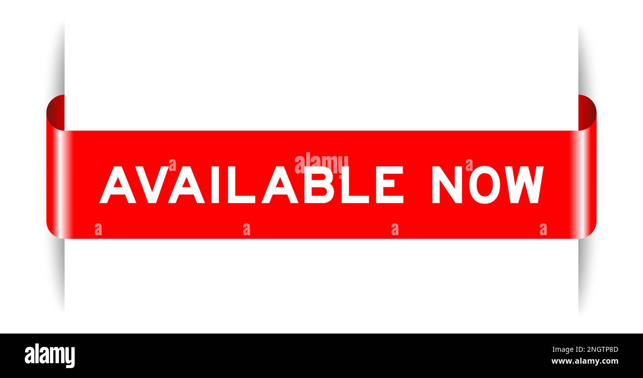 Red color inserted label banner with word available now on white ...