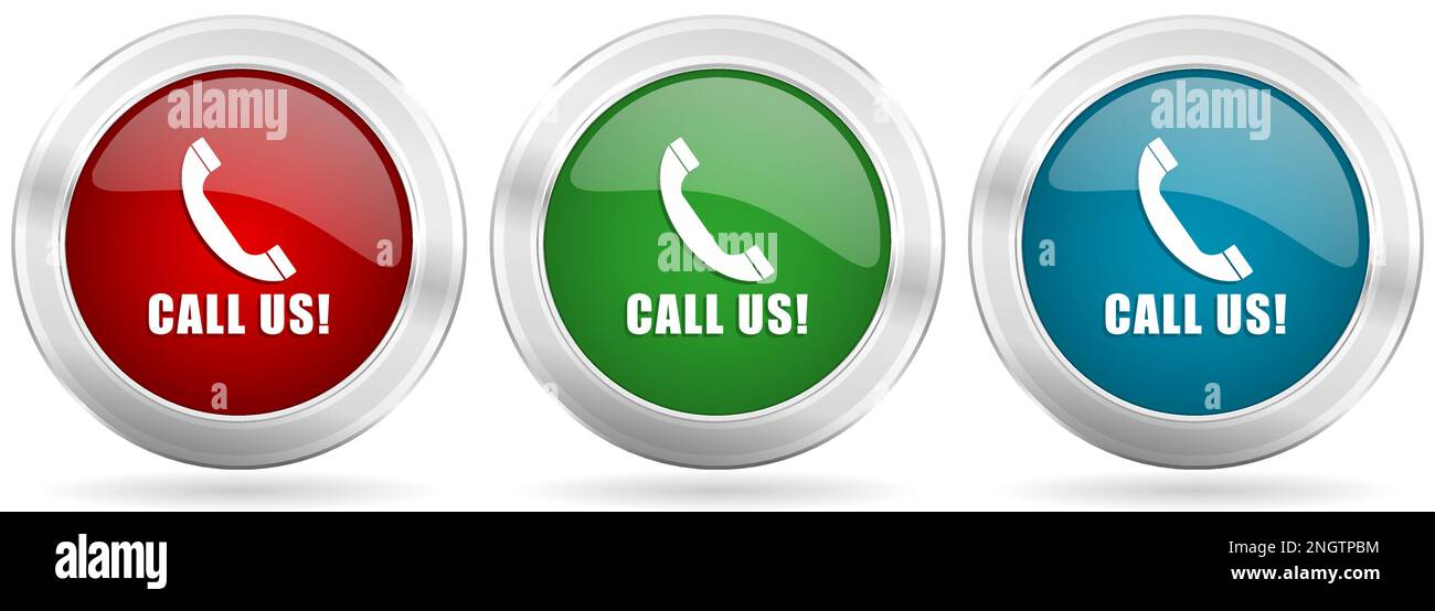 Call us vector icon set. Red, blue and green silver metallic web ...