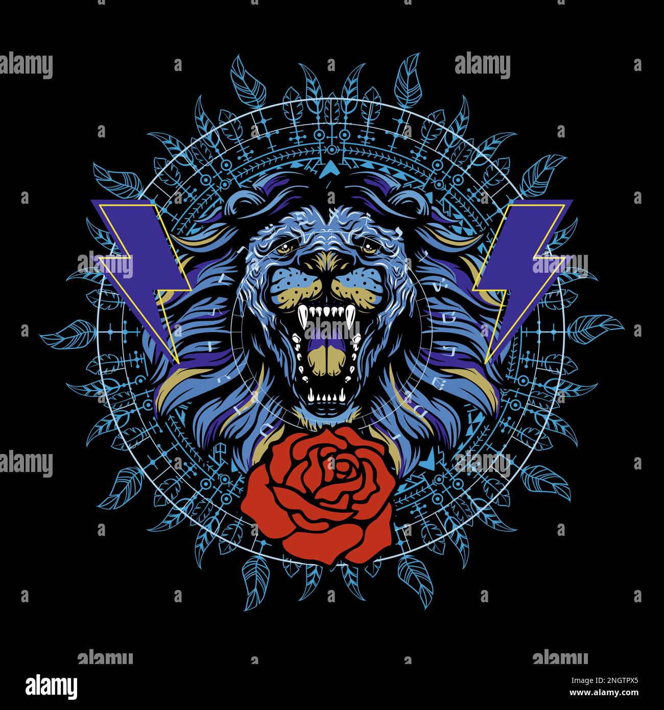 Lion head t-shirt design with symbols of thunder and a red flower ...