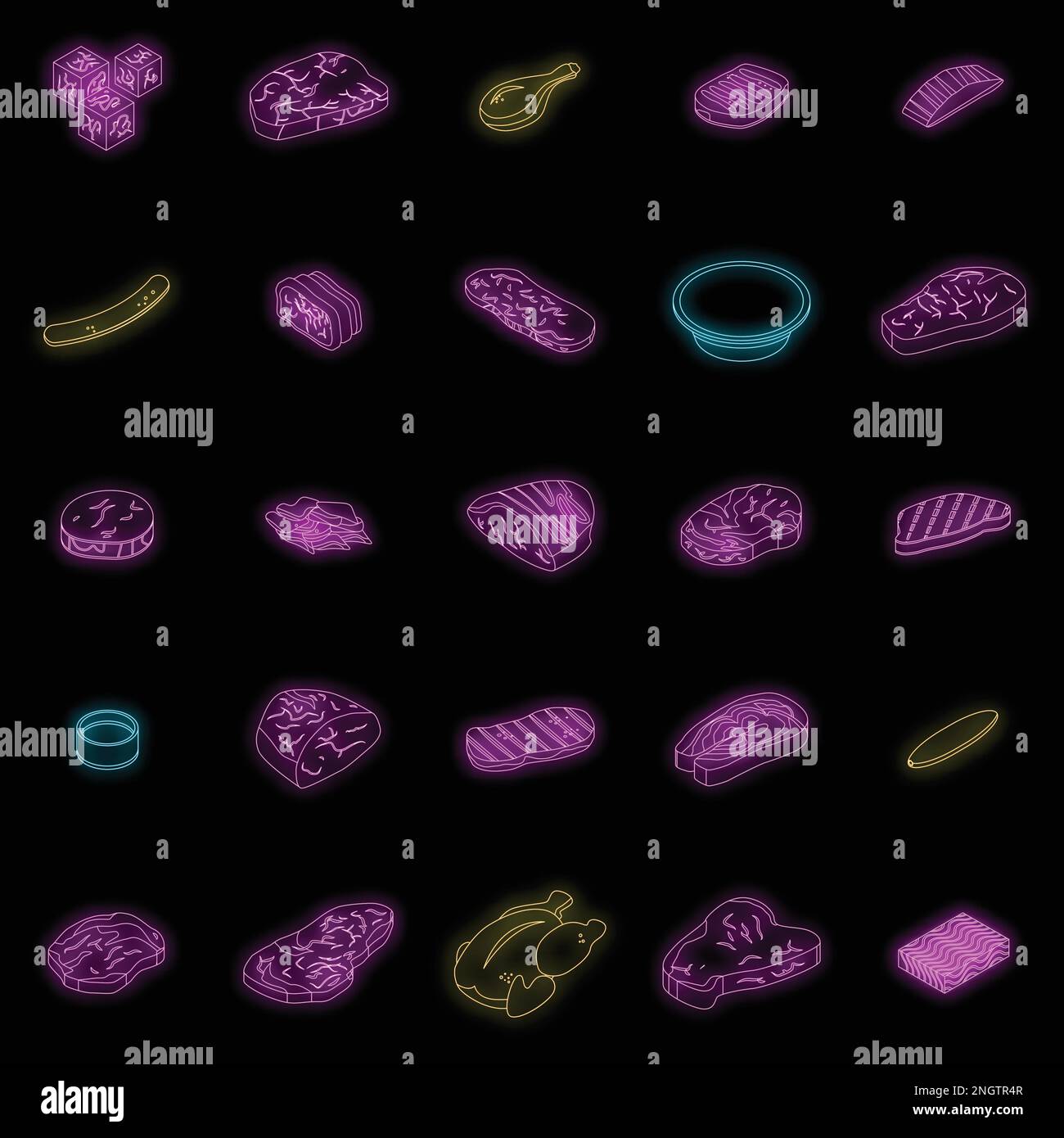 Meat icons set. Isometric set of meat vector icons neon color on black ...