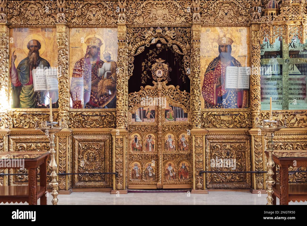 Royal doors of Iconostasis in Monastery of the Holy Cross in Omodos village, Troodos Mountains ...