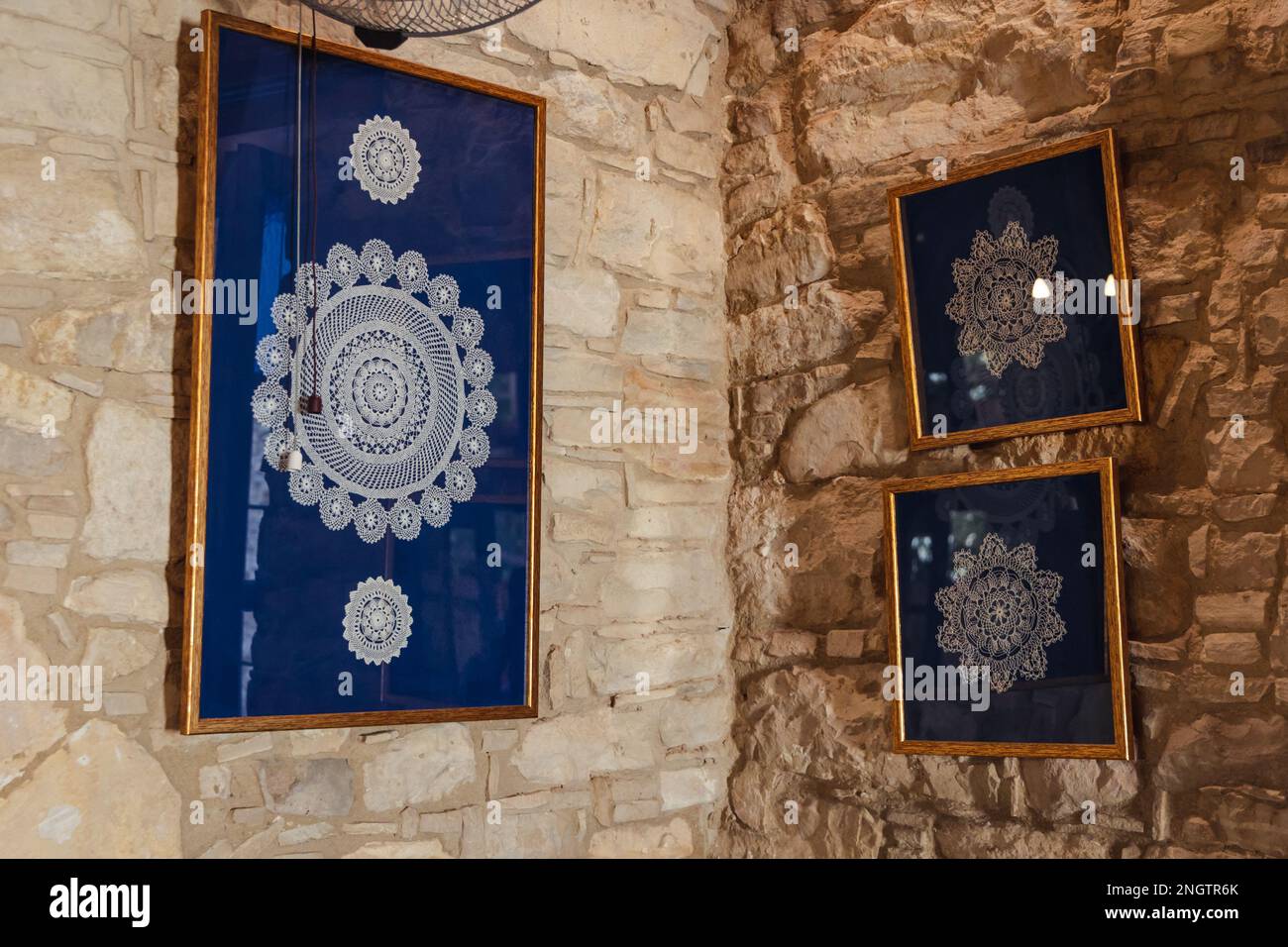 Traditional white-lace works in Katoi Restaurant in Omodos town in ...
