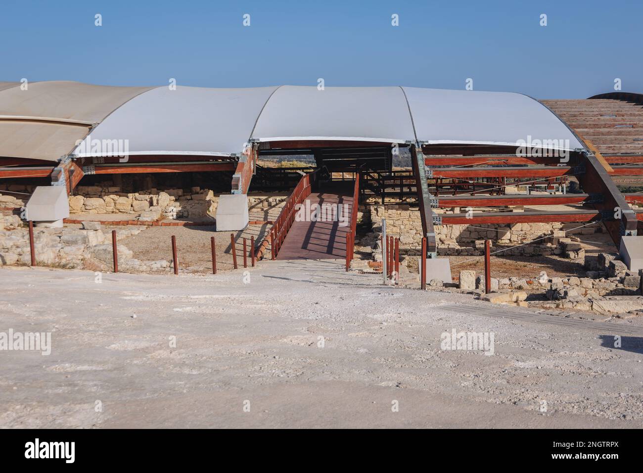 Protective roof above ruins of baths and House of Eustolios in Kourion ...