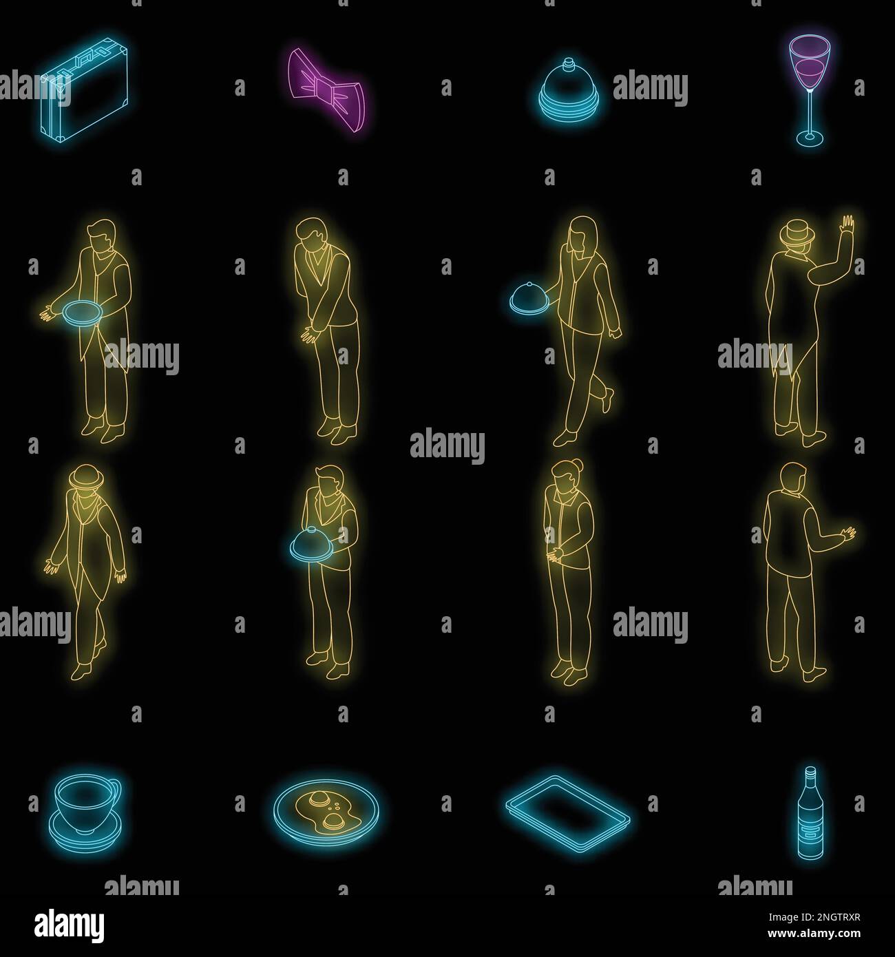 Butler icons set. Isometric set of butler vector icons neon color on ...