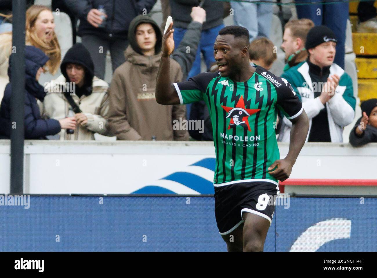 Cercle's Kevin Denkey celebrates after scoring during a soccer match ...