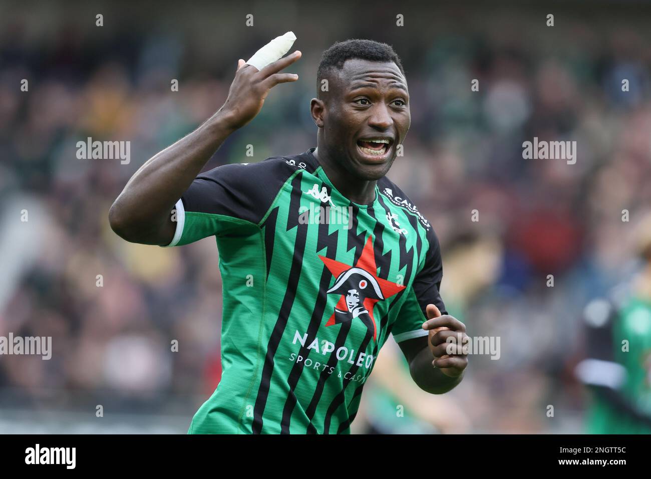 Cercle's Kevin Denkey celebrates after scoring during a soccer match ...