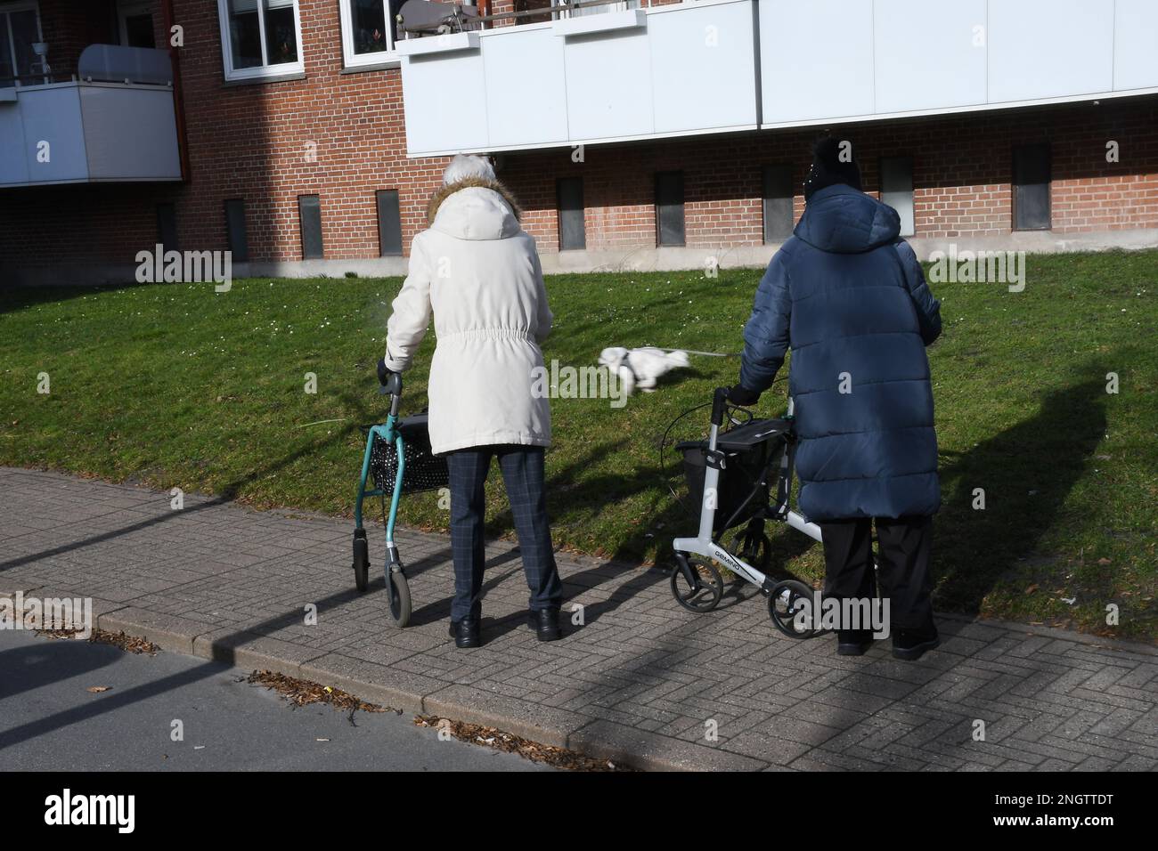 Copenhagen/Denmark/19 February 2023/ Senior citizen walks with walker ...