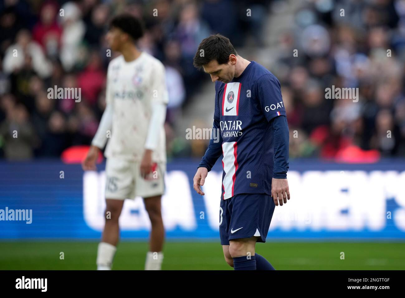 PSG's Lionel Messi reacts during the French League One soccer match ...