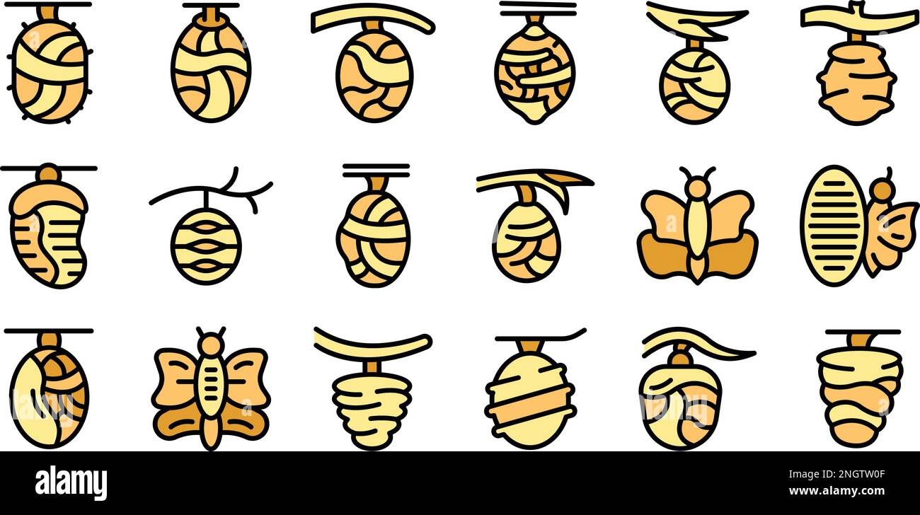 Cocoon icons set outline vector. Pupa cycle. Butterfly caterpillar ...