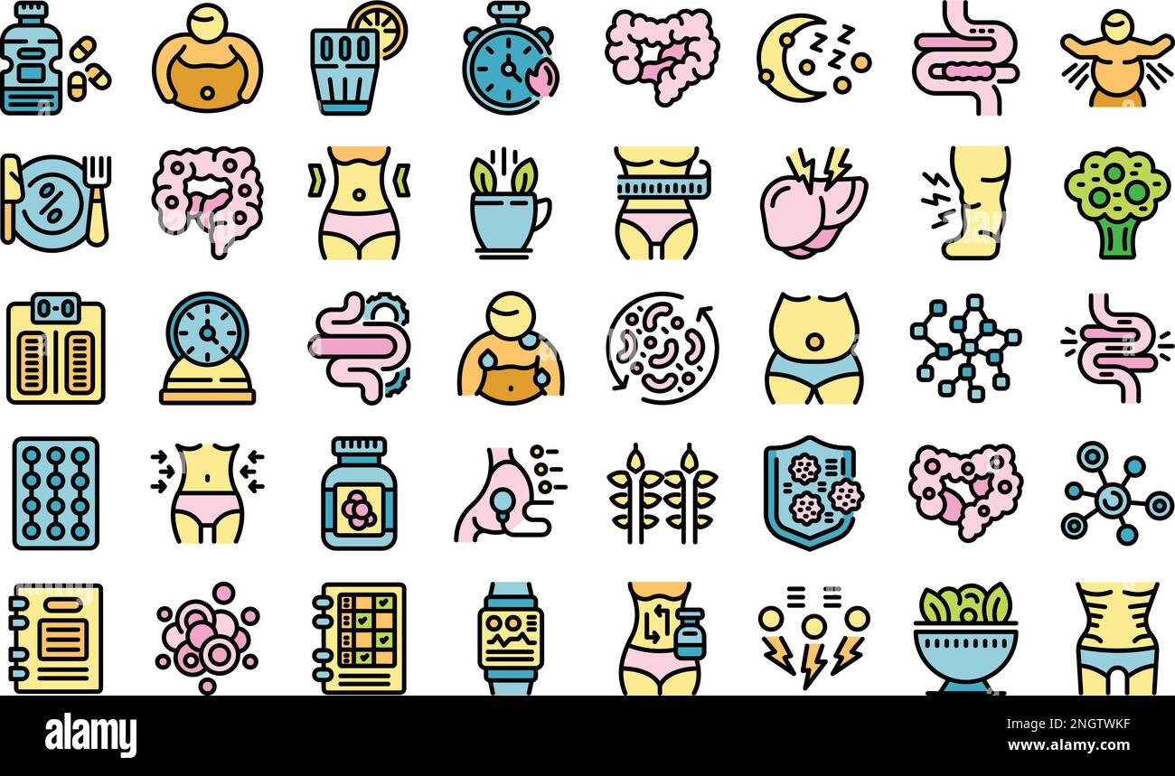 Belly icons set outline vector. Weight after. Fat man color flat on ...