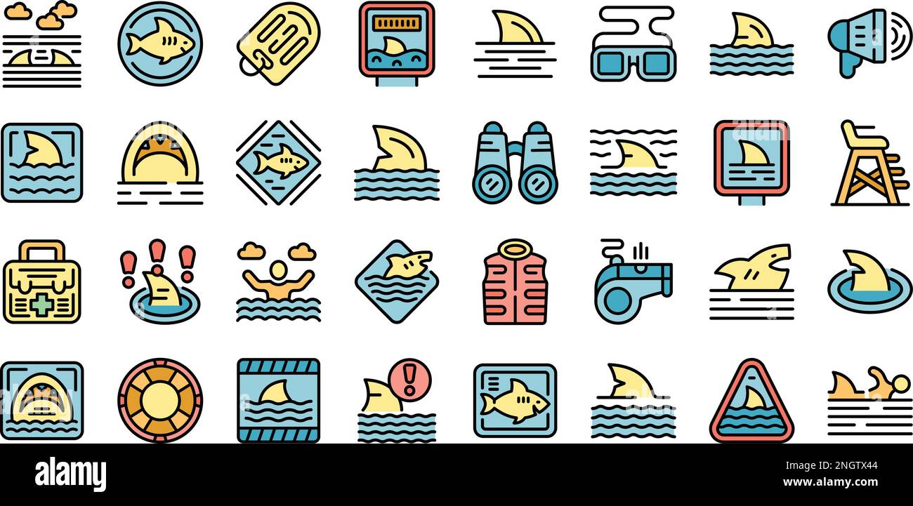 Beware the sharks icons set outline vector. Angry animal. Surf caution color flat on white Stock ...