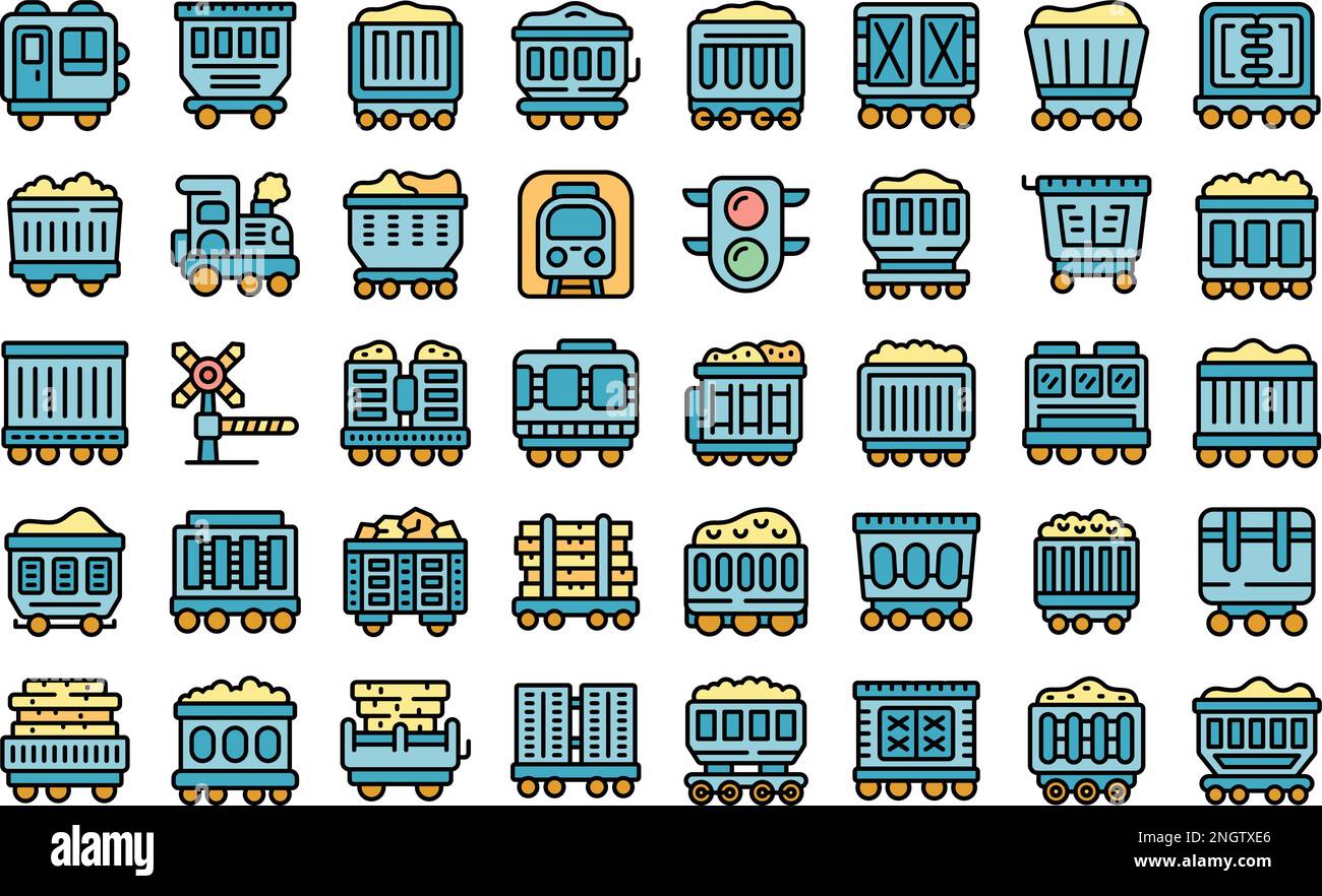 Train freight wagons icons set outline vector. Diesel locomotive. Side ...