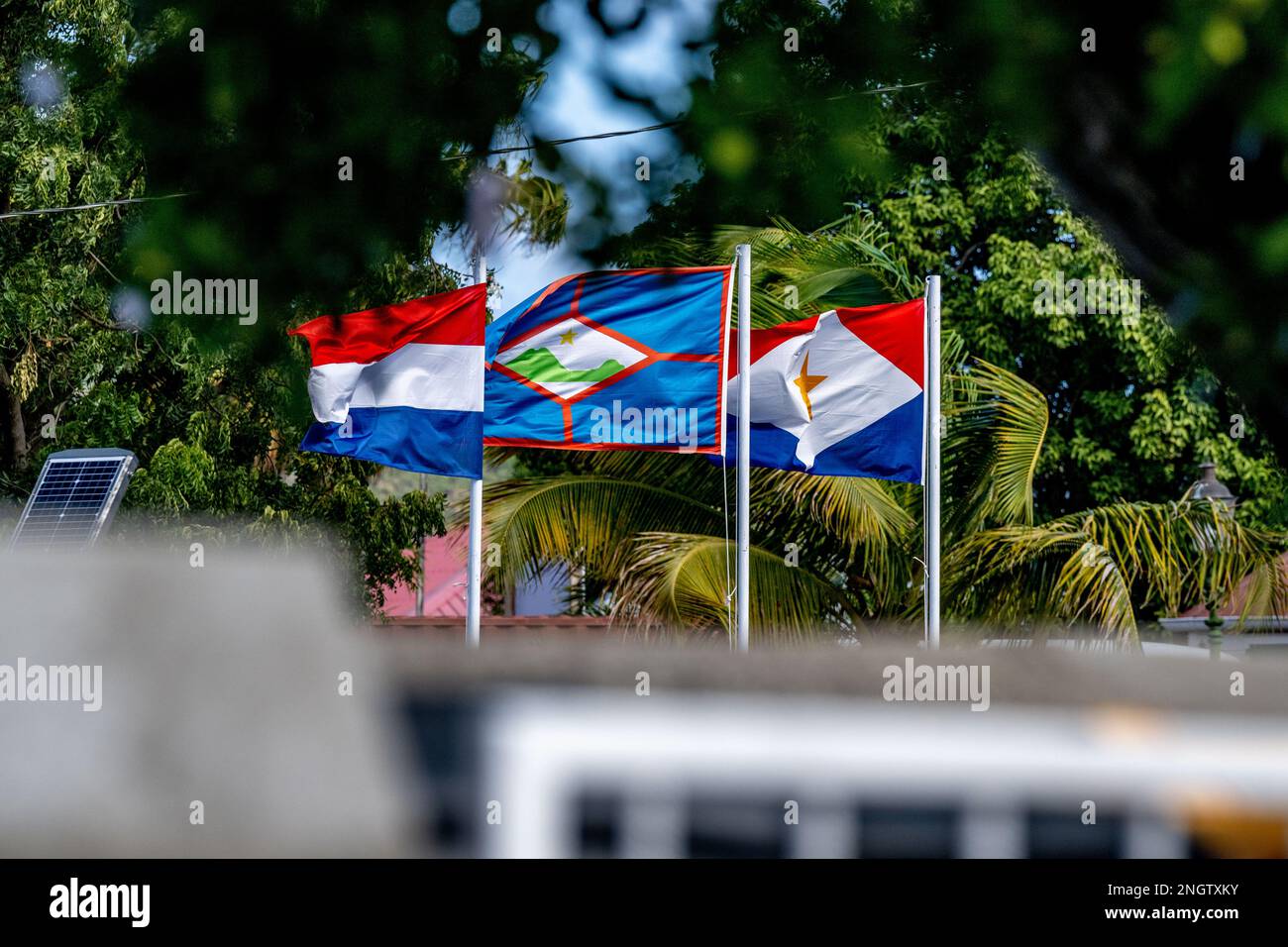 Dutch flag and Statia flag in Oranjestad on Dutch Caribbean Island Sint ...