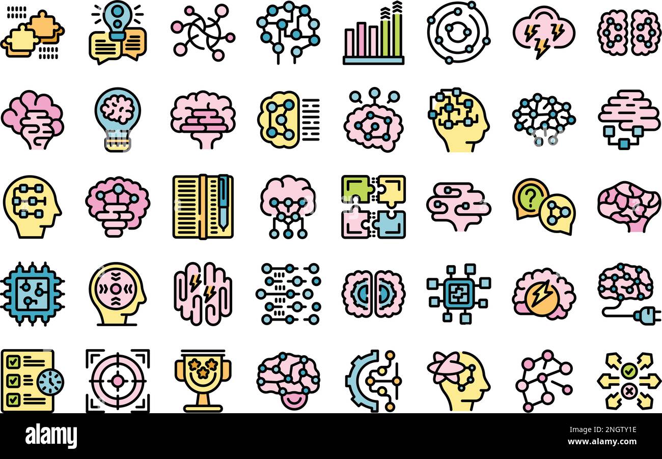 Brainstorm icons set outline vector. Business process. Brain solution ...