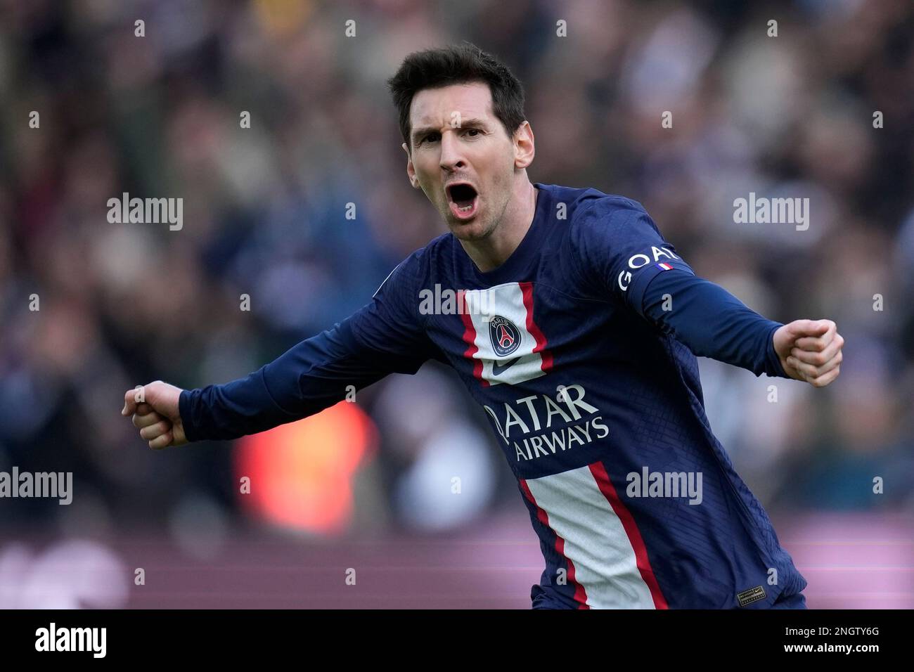 PSG's Lionel Messi celebrates after scoring his side's fourth goal ...