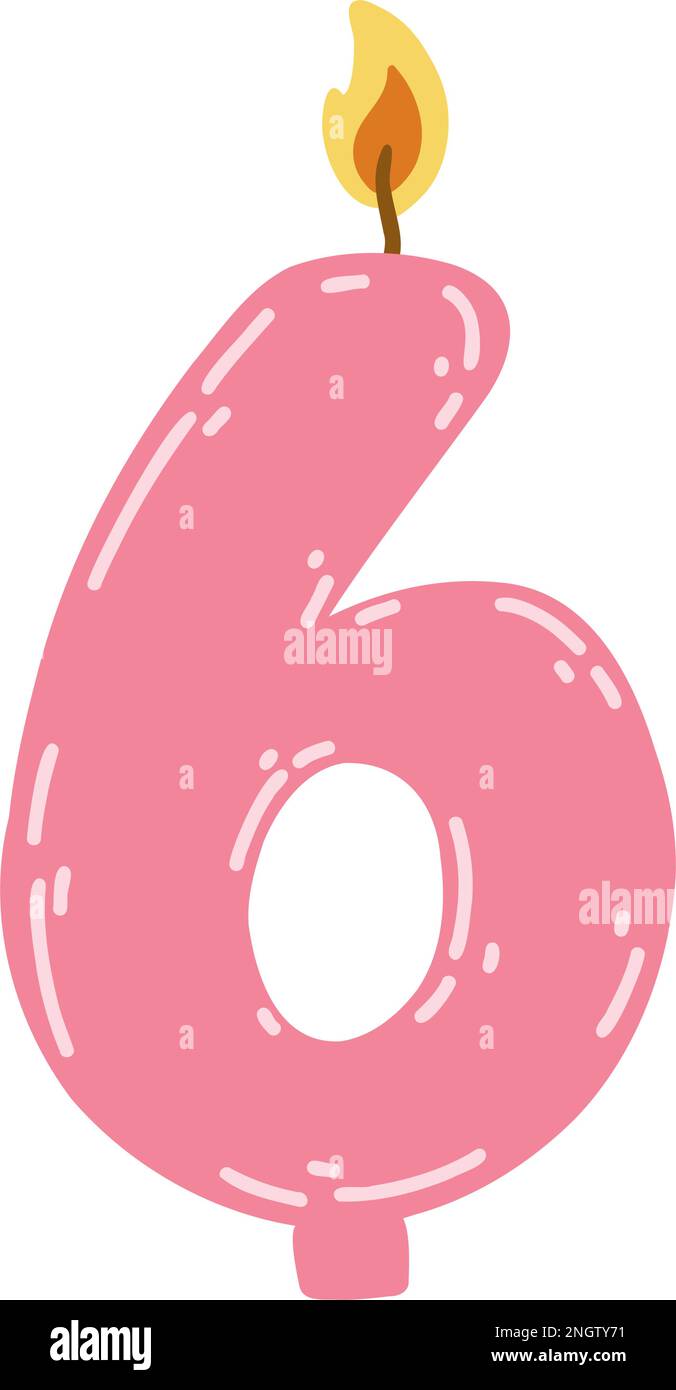 Candle number six in flat style. Hand drawn vector illustration of 6 ...