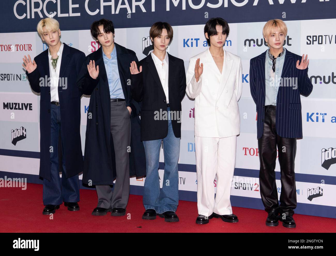 Seoul, South Korea. 18th Feb, 2023. (L to R) Soobin, Hueningkai, Beomgyu, Yeonjun and Taehyun, K ...