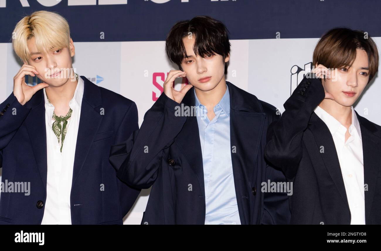 Seoul, South Korea. 18th Feb, 2023. (L to R) Soobin, Hueningkai, Beomgyu, Yeonjun and Taehyun, K ...