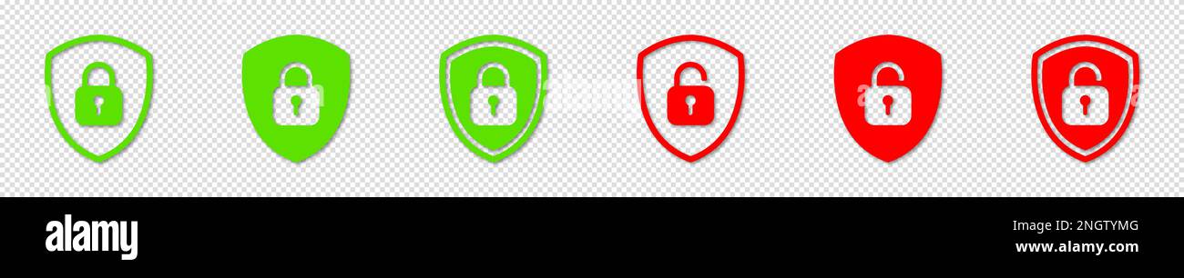 Set of red and green shield Lock and Unlock Icon. Symbol padlock ...