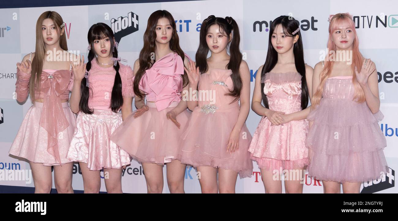 Seoul, South Korea. 18th Feb, 2023. Lily, Haewon, Sullyoon, Bae, Jiwoo and Kyujin, K-pop girl ...