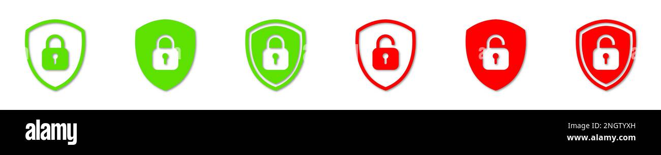 Set of red and green shield Lock and Unlock Icon. Symbol padlock ...
