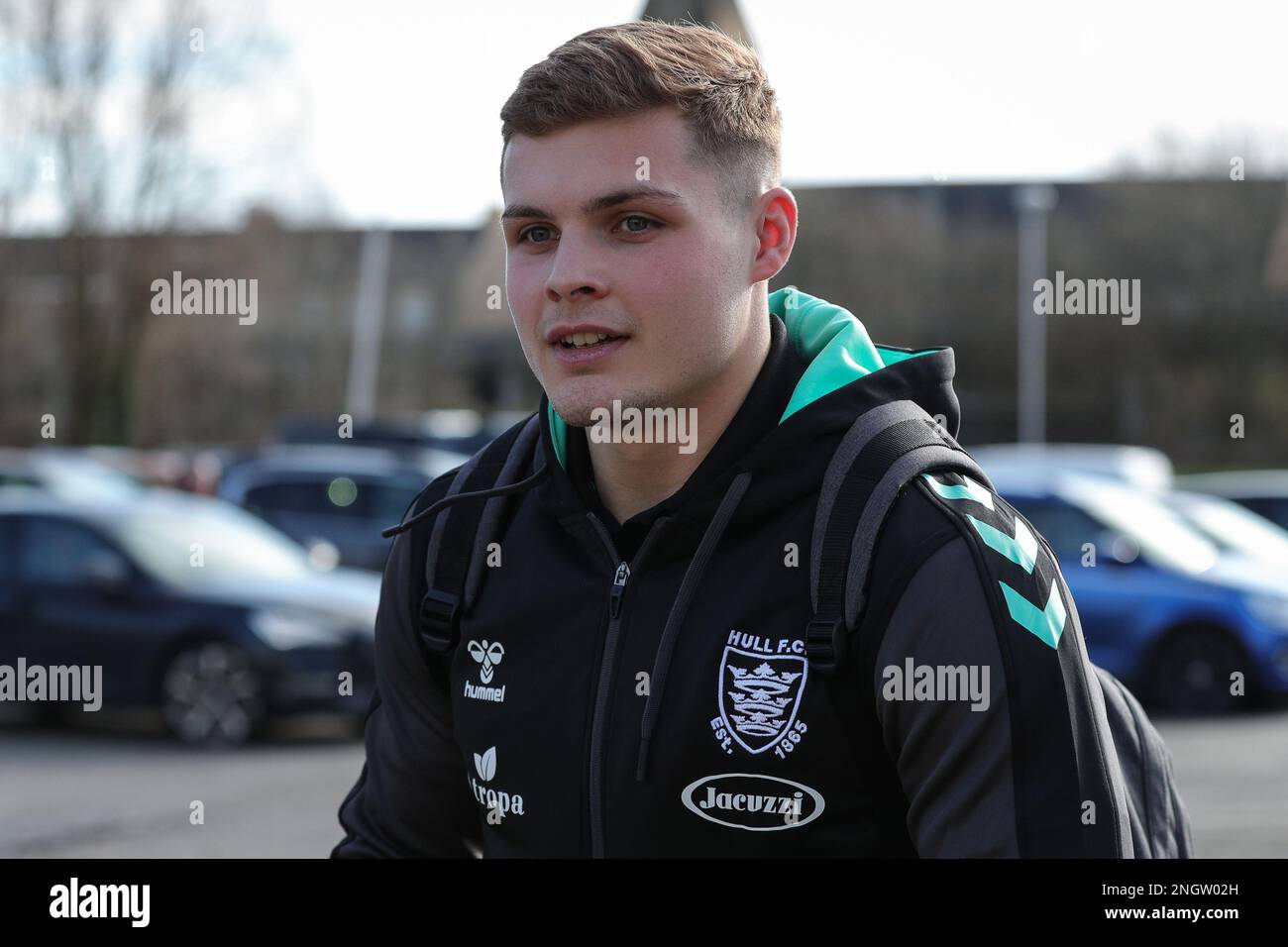 Cameron Scott #17 of Hull FC arrives at The MKM Stadium ahead of the ...