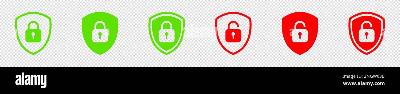 Set of red and green shield Lock and Unlock Icon. Symbol padlock ...