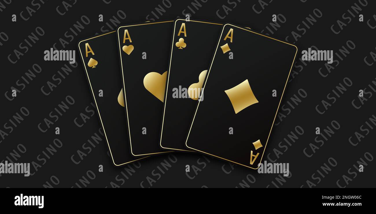 Hand fan of playing cards consisting of four black and golden Ace of ...
