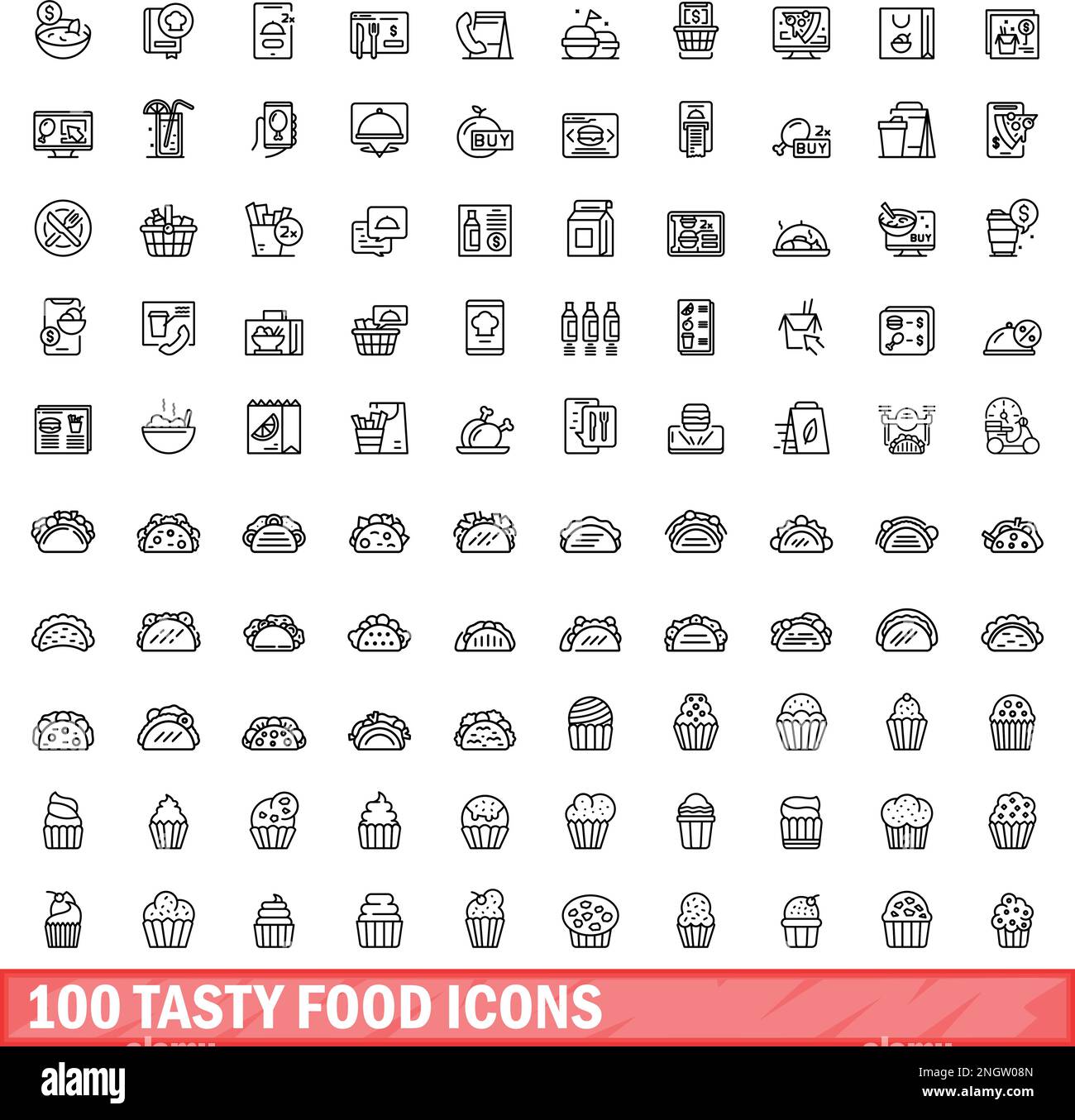 100 tasty food icons set. Outline illustration of 100 tasty food icons ...