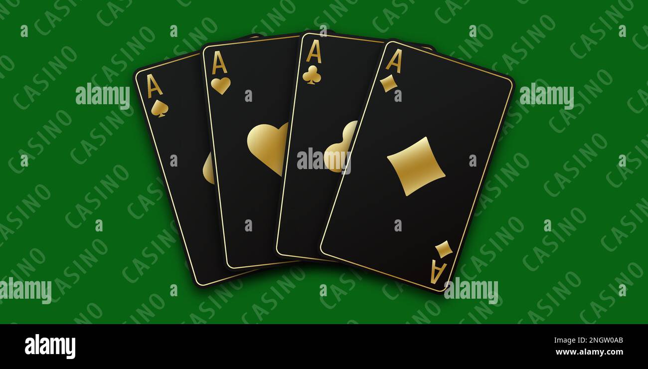 Hand fan of playing cards consisting of four black and golden Ace of ...
