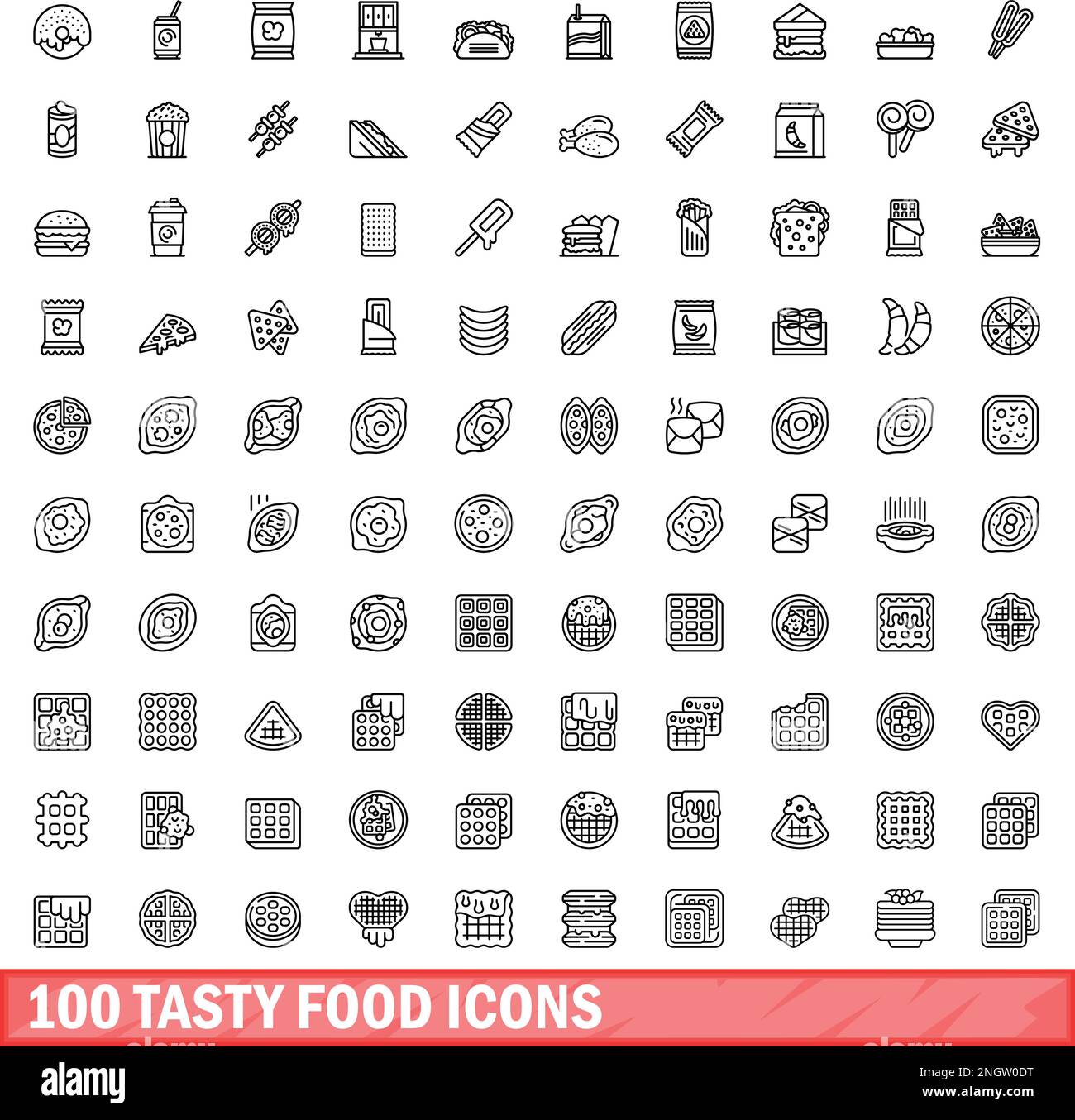 100 tasty food icons set. Outline illustration of 100 tasty food icons ...