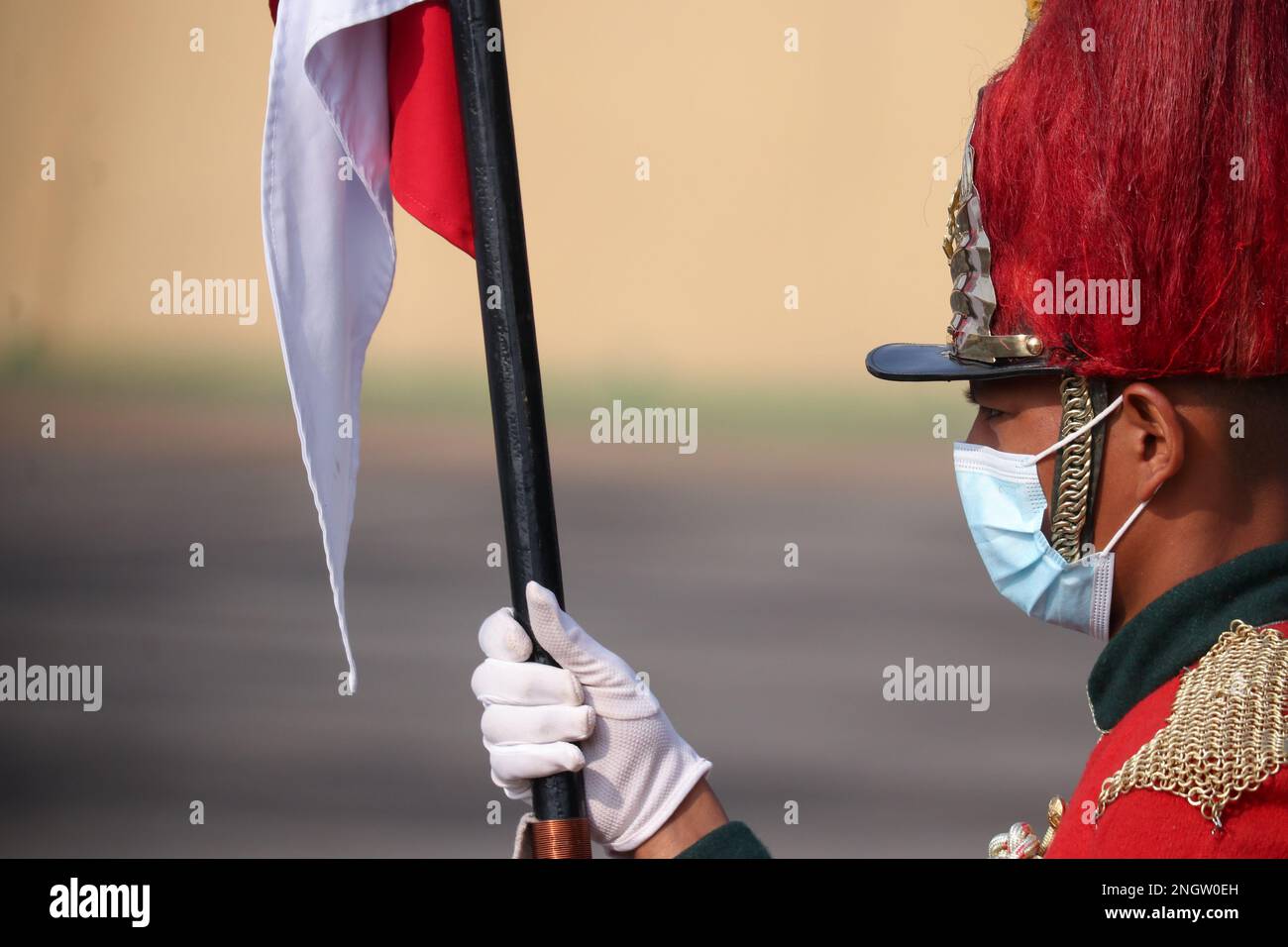 On February 19, 2023 in Kathmandu, Nepal. Member of Nepalese army guard stands in position ...
