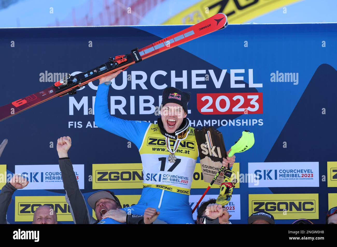 Italy's Alex Vinatzer celebrates clinching the bronze medal of the men ...
