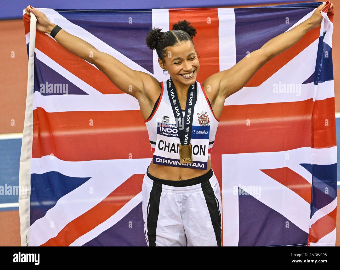 Birmingham, UK, 19 February 2023. Jazmin SAWYERS of City of Stoke AC ...