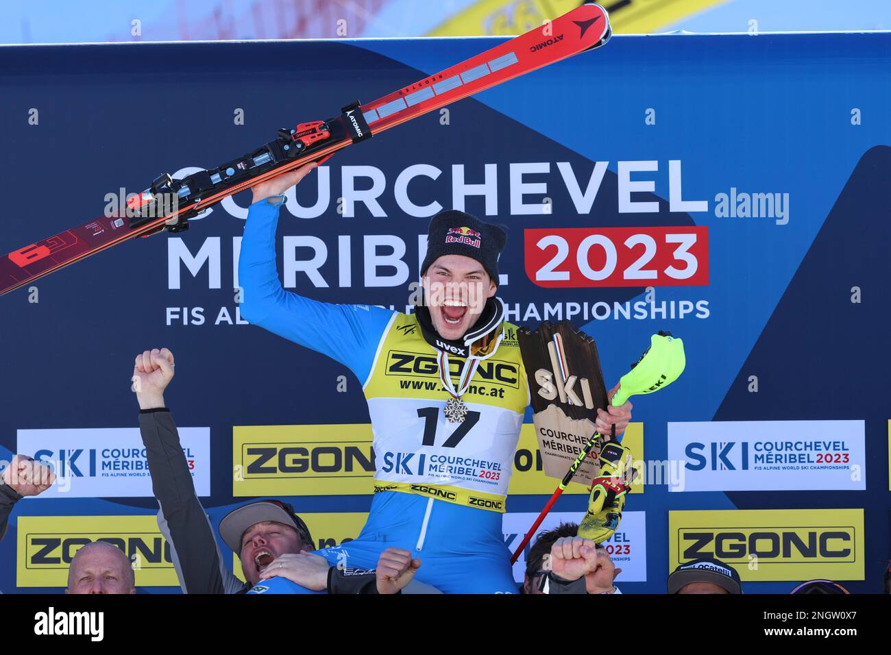 Italy's Alex Vinatzer celebrates clinching the bronze medal of the men ...
