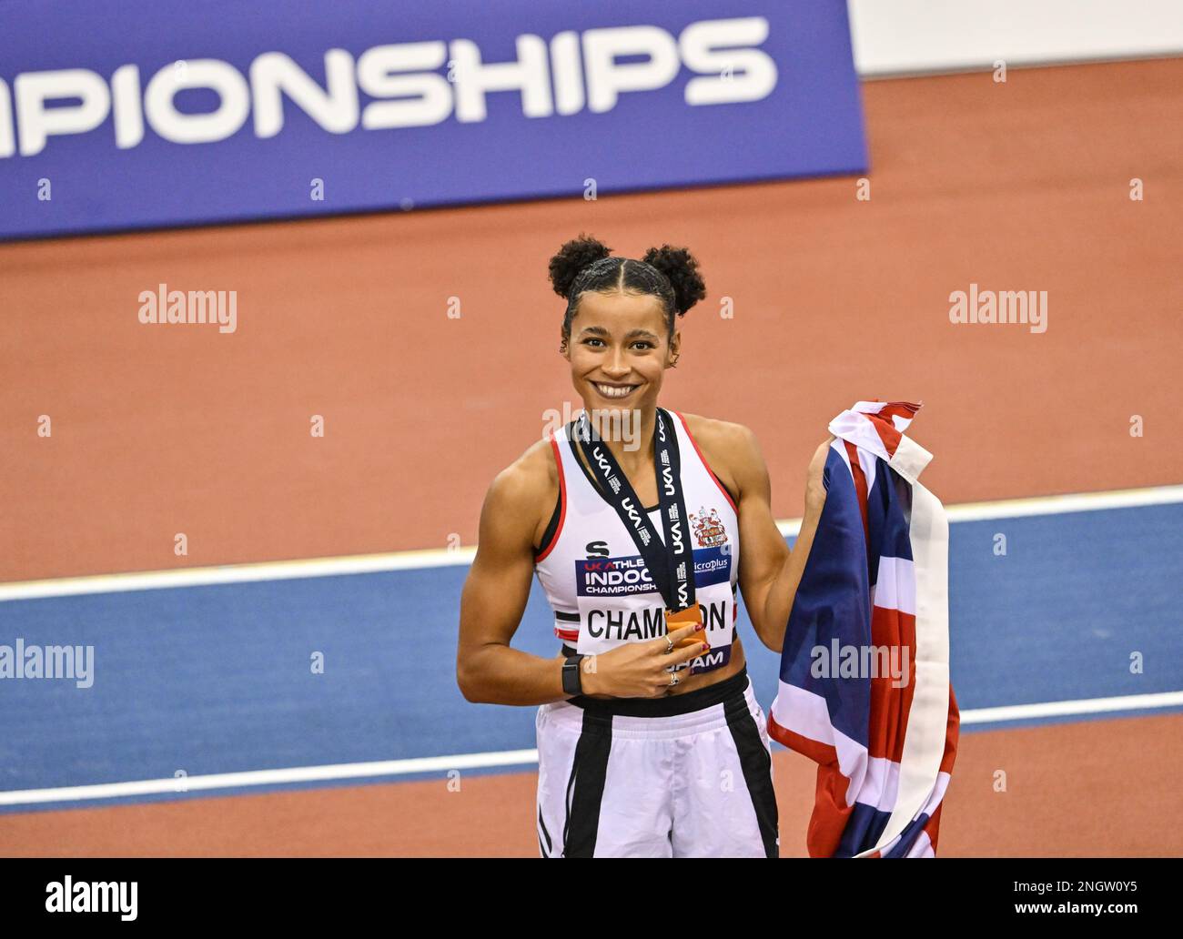 Birmingham, UK, 19 February 2023. Jazmin SAWYERS of City of Stoke AC ...