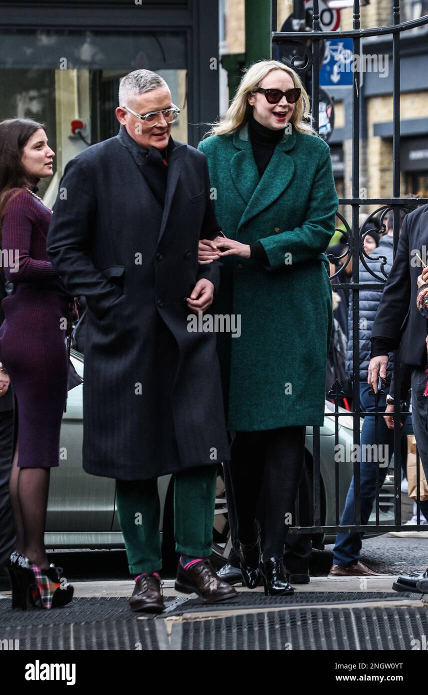 London, UK. 16th Feb, 2023. Giles Deacon and Gwendoline Christie seen ...
