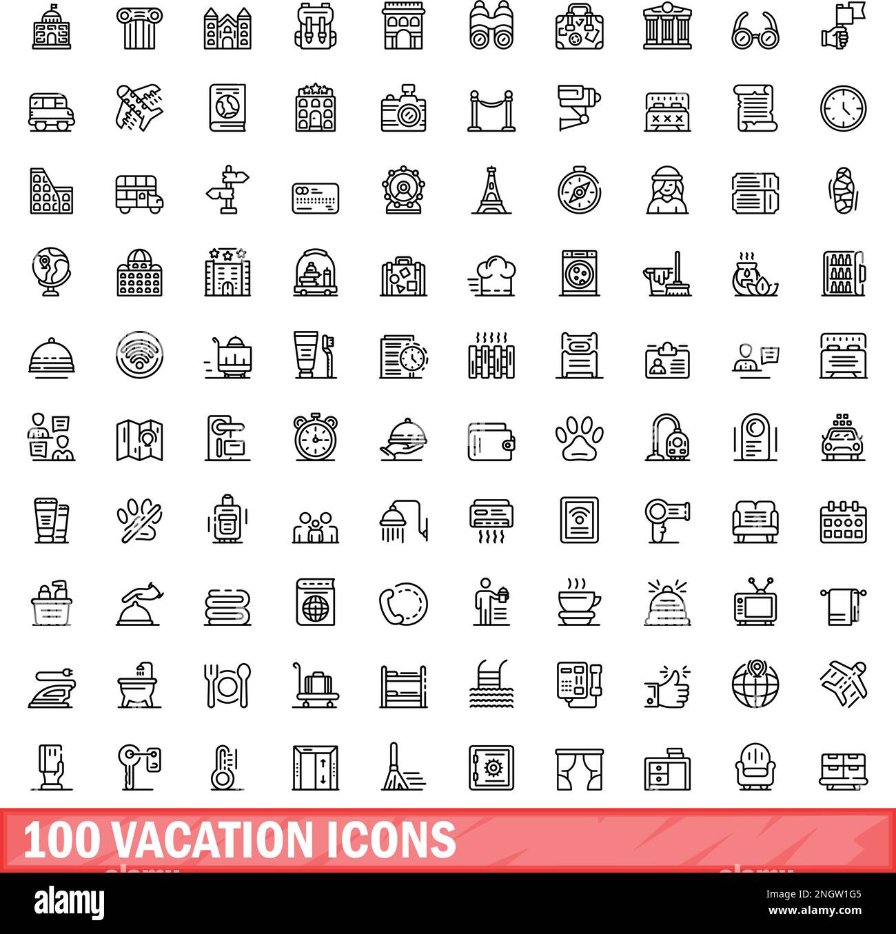 100 vacation icons set. Outline illustration of 100 vacation icons ...