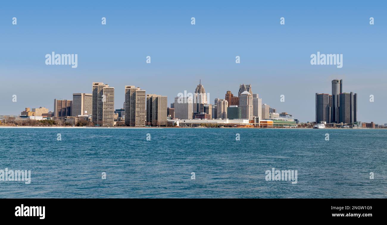 Downtown Detroit Panoramic, Detroit, Michigan, USA, America Stock Photo ...